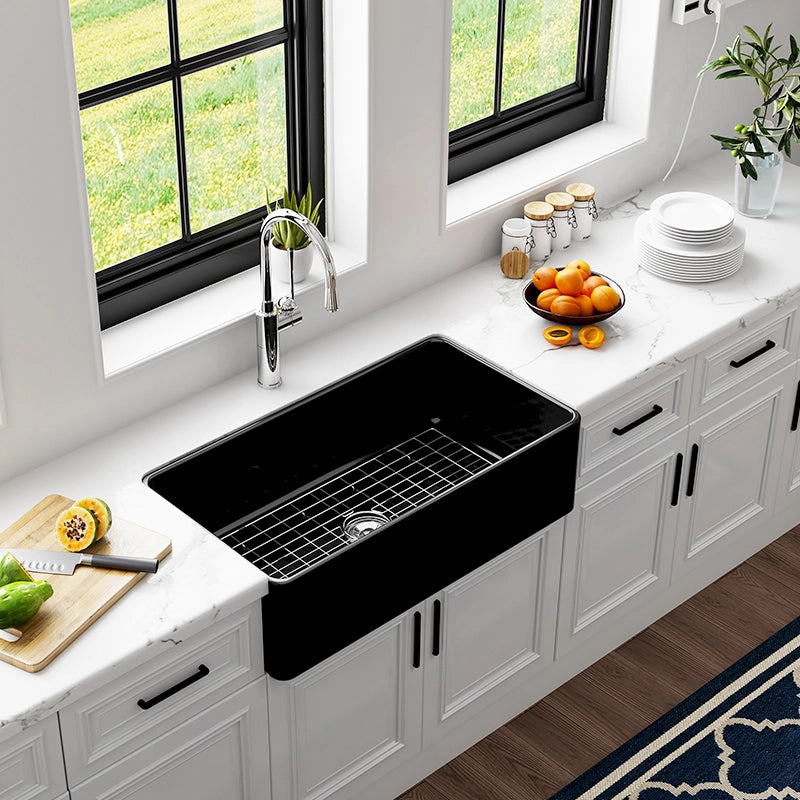 HOROW 36 Inch Sink Black Kitchen Farm Sink With Basket Strainer