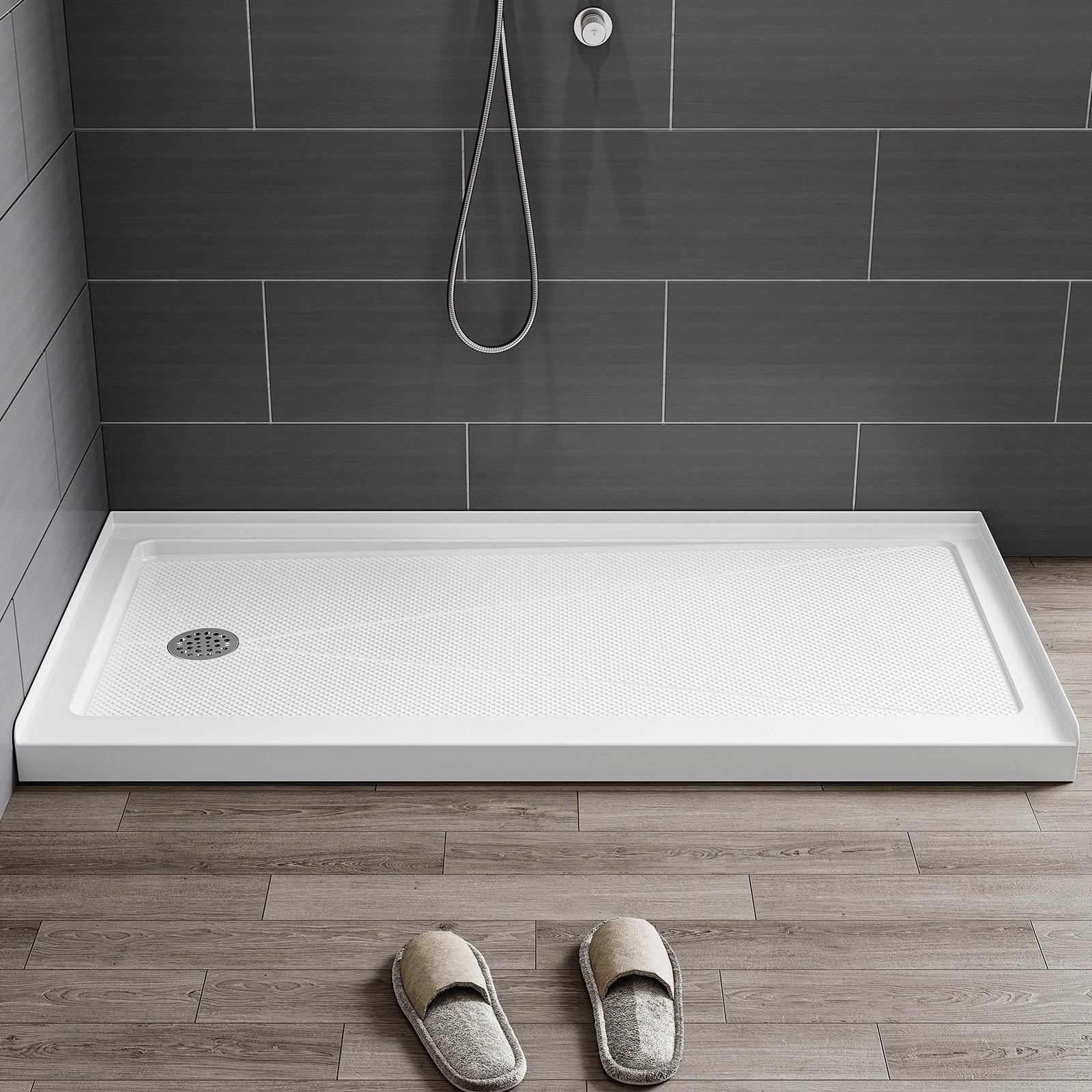 HOROW 60" Acrylic Shower Base with Wide Threshold & Chrome Left Drain